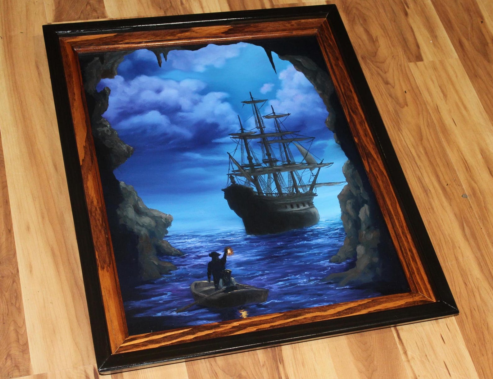 16x20" Original Oil Painting - Hidden Treasure Cave Pirate Ship Cloudy ...