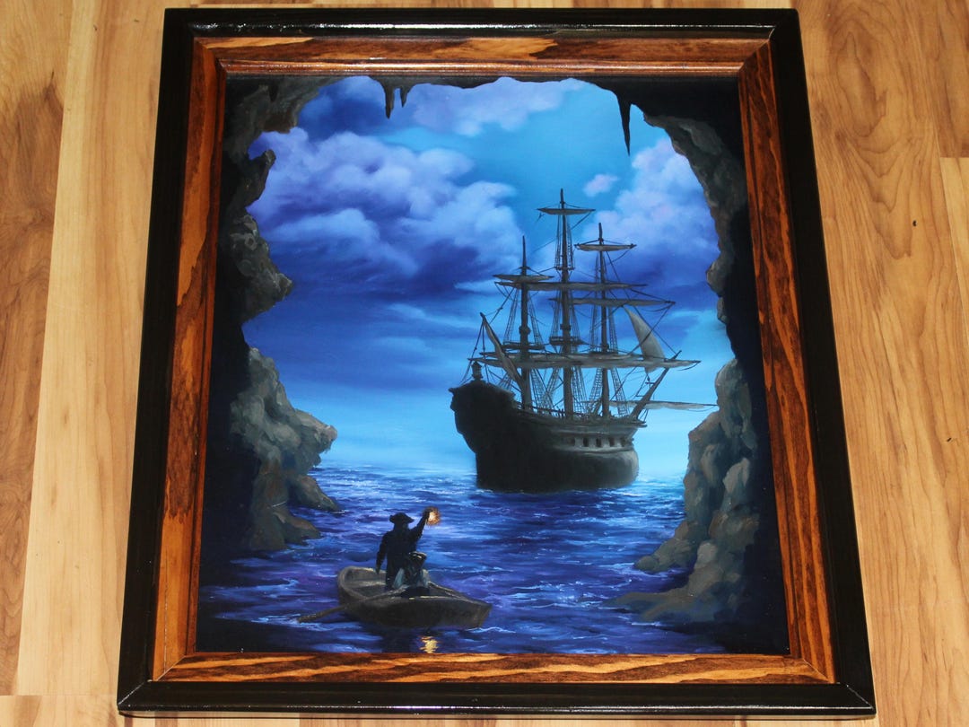 16x20" Original Oil Painting - Hidden Treasure Cave Pirate Ship Cloudy ...