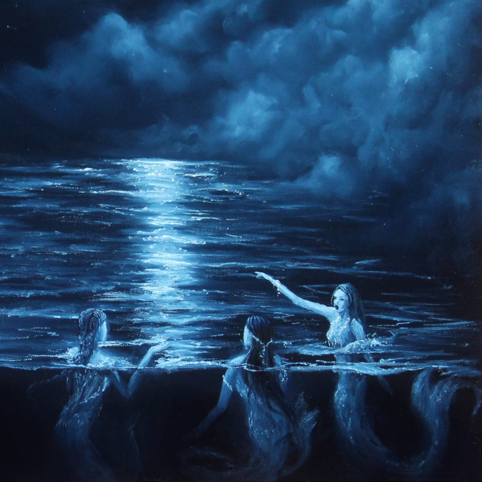 Art PRINT - Midnight Mermaids Sirens Dark Blue Foggy Night Ship Sailing ...