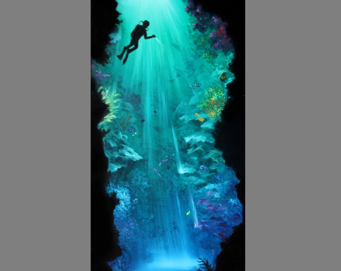 Art PRINT Diver Diving Underwater Ocean Sea Coral Fish Seacreatures ...