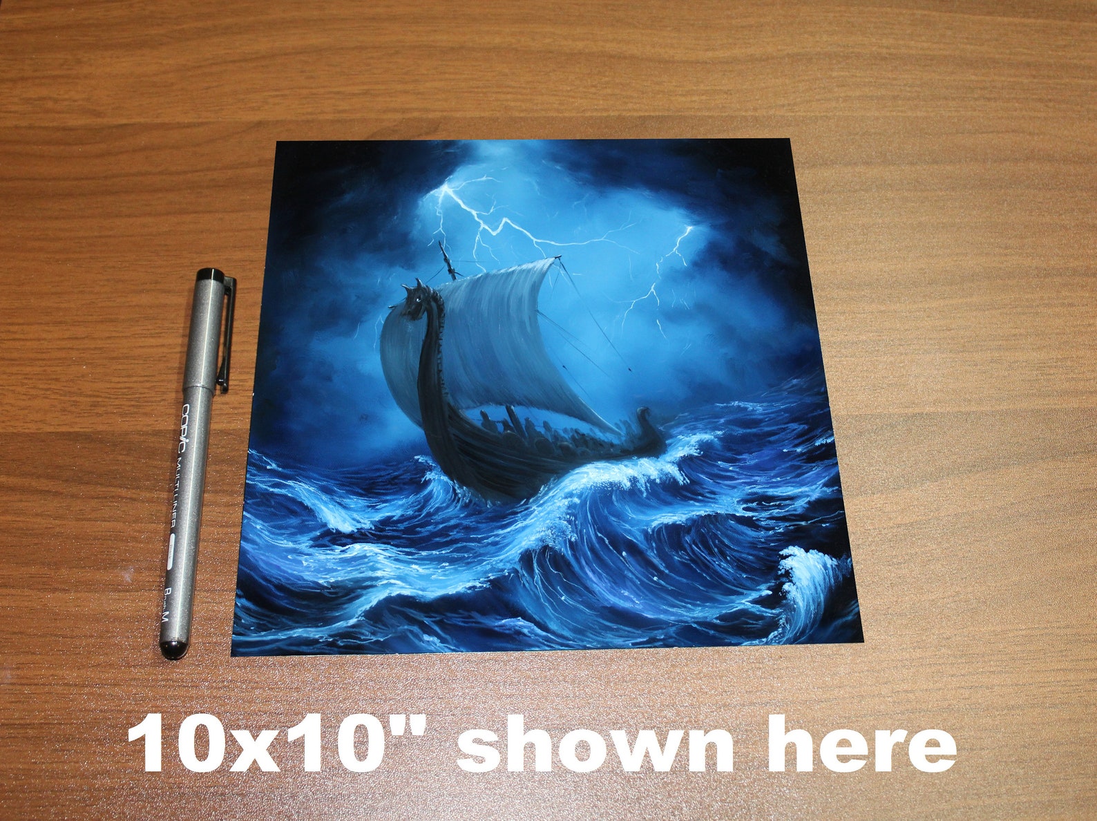 Art PRINT - Lightning Viking Longboat Dark Blue Foggy Night Ship ...