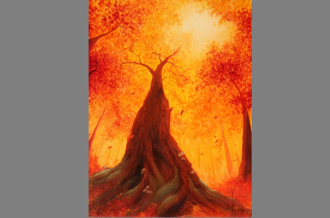 Art PRINT Autumn Leaves Treetops Enchanted Red Yellow Forest Trees ...