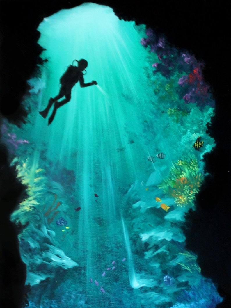 Art PRINT - Diver Diving Underwater Ocean Sea Coral Fish Seacreatures ...