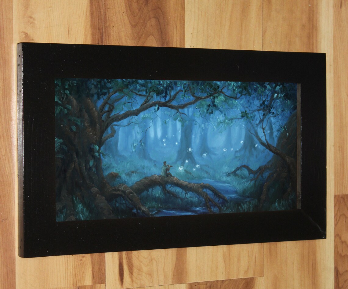 Art PRINT - Dark Fairy Forest Night Enchanted Woods Flute Player Will O ...