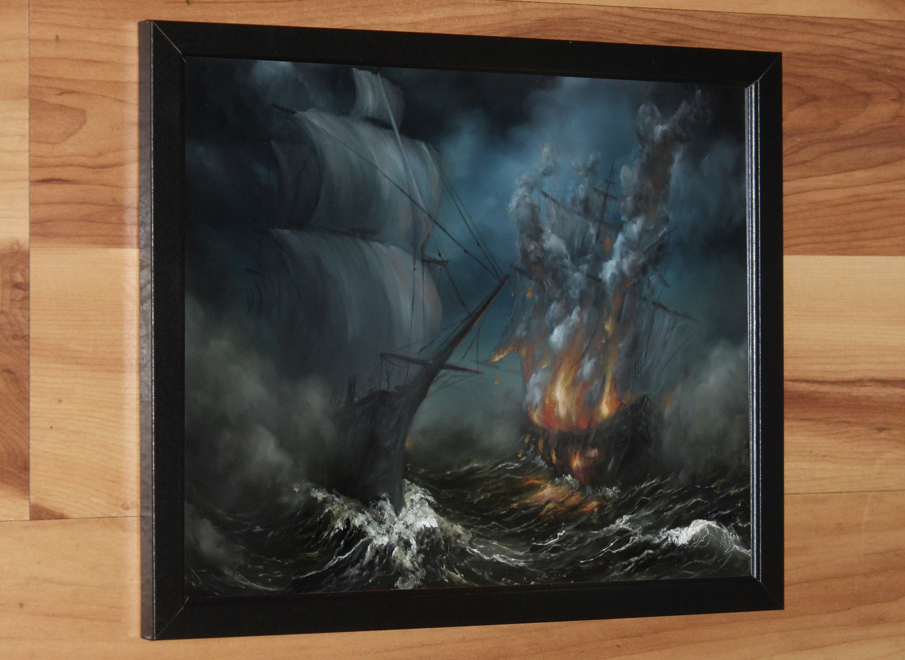 Art PRINT Ship Battle Fire Smoke Cloudy Dark Ocean Seascape | Etsy