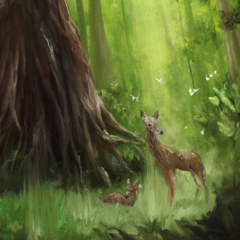 Art PRINT - Enchanted Dark Forest Dragon Hunting Deer Green Trees ...