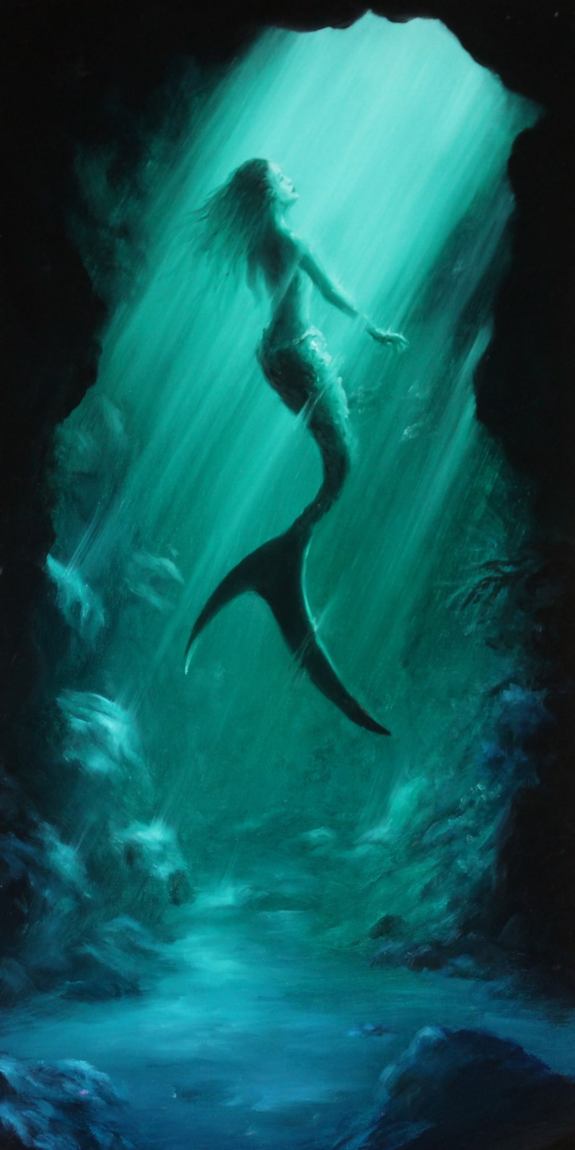 Art PRINT Mermaid Siren Green Blue Sea Underwater Cave Ocean | Etsy