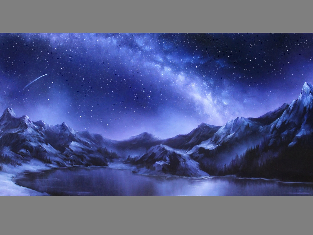 Art PRINT - Purple Blue Milky Way Galaxy Mountains Dark Landscape ...