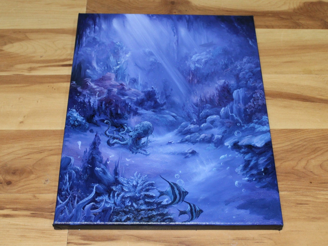 11x14 Original Oil Painting Underwater Cave Diving Divers Snorkeling ...