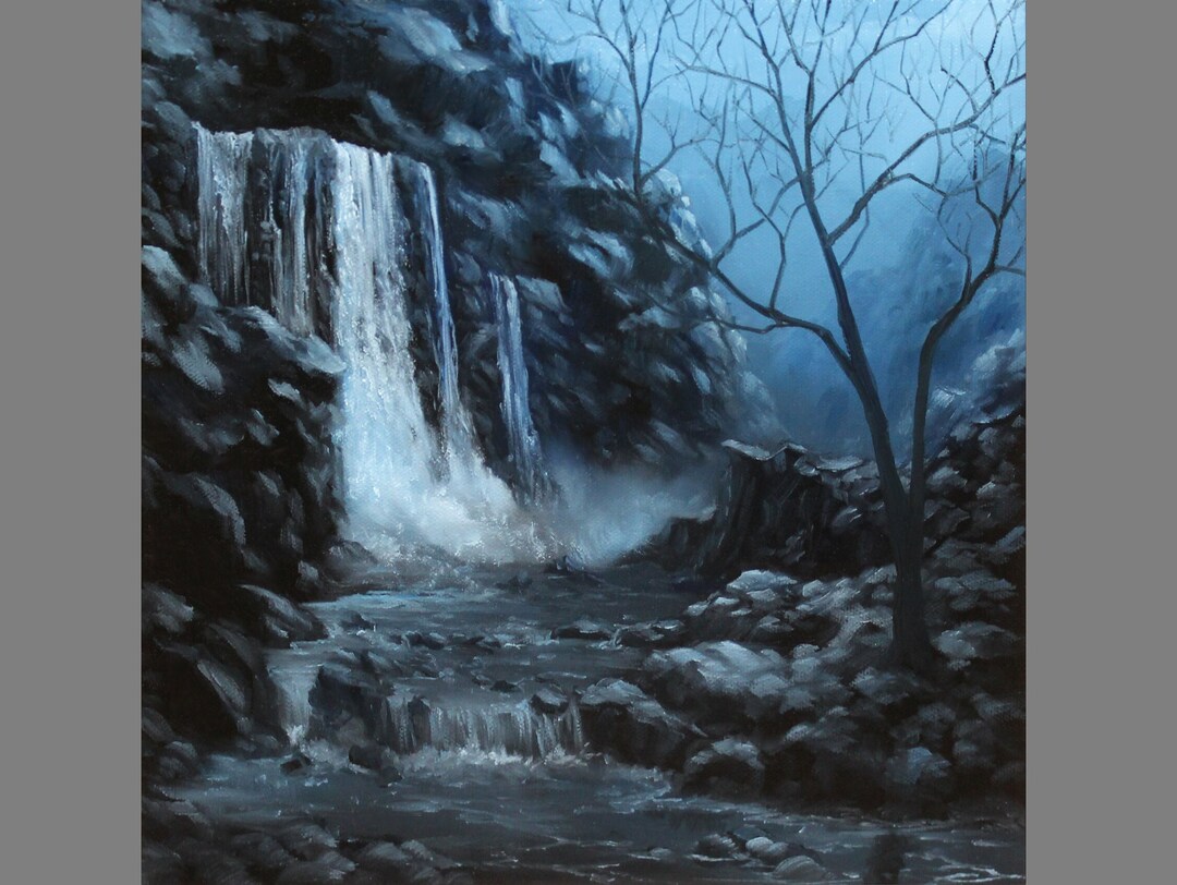 Art PRINT - Rocky Waterfall Blue Gray Mountain River Tree Rocks ...