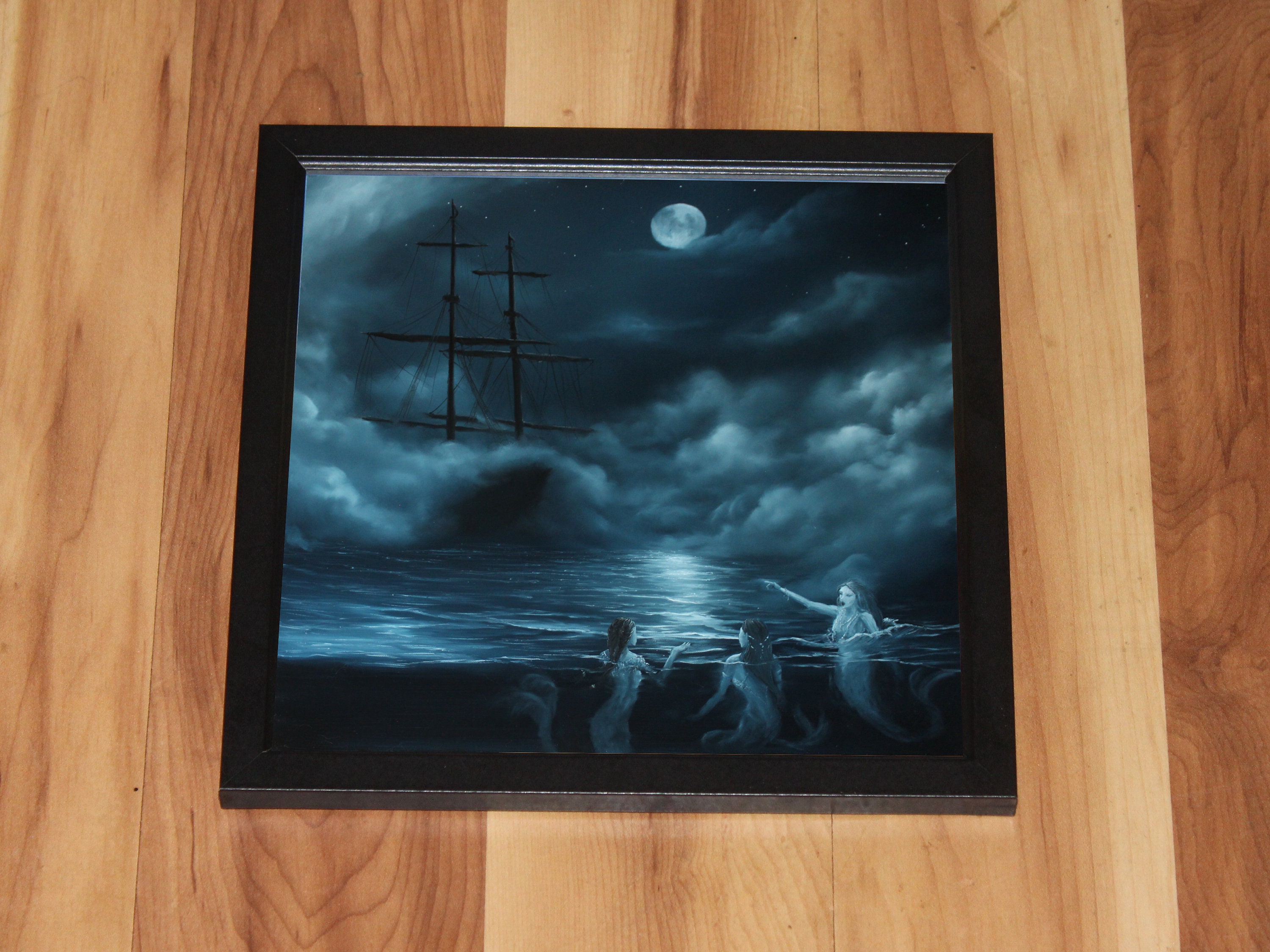 Art PRINT - Midnight Mermaids Sirens Dark Blue Foggy Night Ship Sailing ...