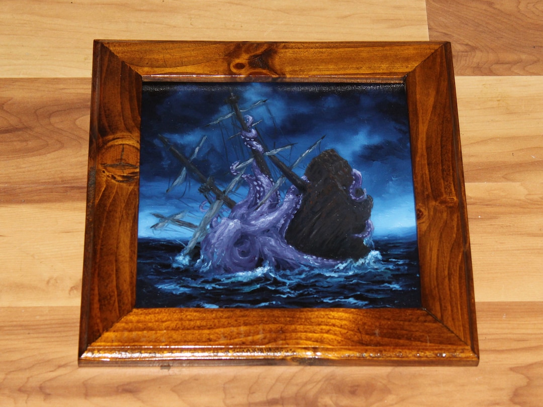 8x8 Original Mini Oil Painting Flat Panel Giant Octopus Attacks Ship ...