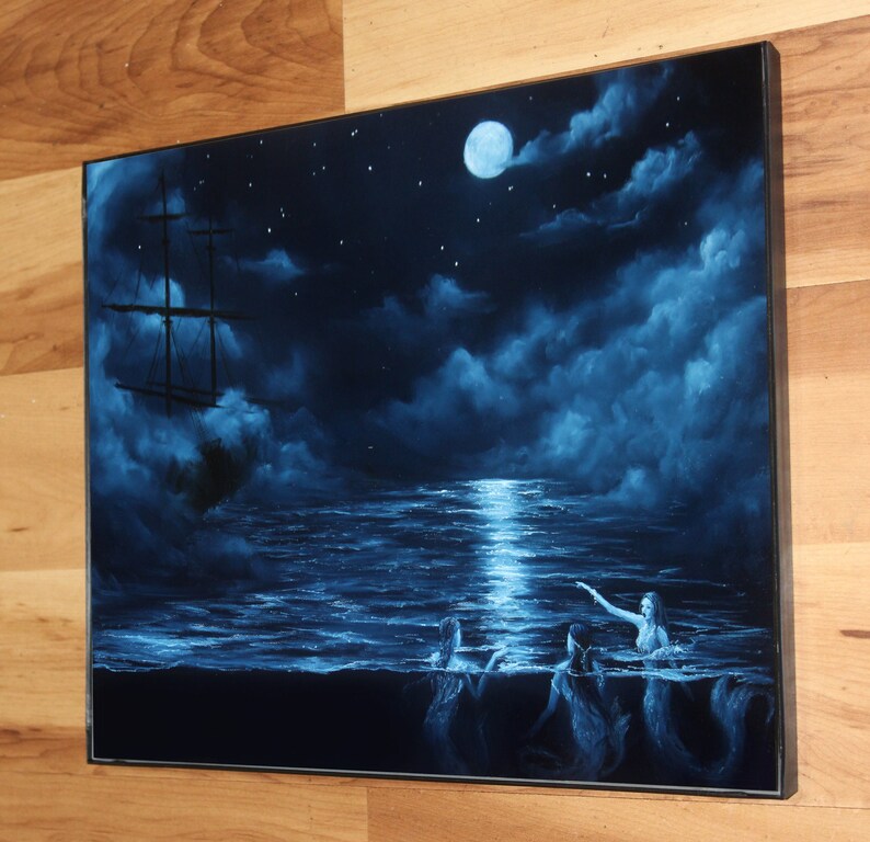 Art PRINT - Midnight Mermaids Sirens Dark Blue Foggy Night Ship Sailing ...