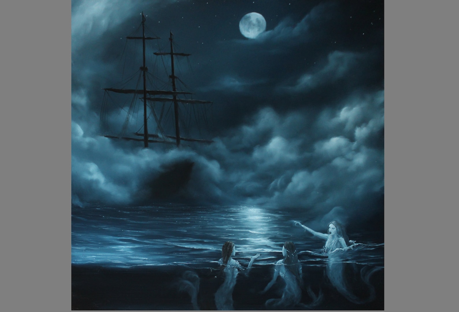 Art PRINT - Midnight Mermaids Sirens Dark Blue Foggy Night Ship Sailing ...
