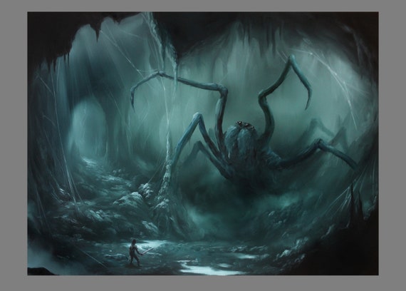 Art PRINT Green Cave Giant Spider Monster Fight Horror - Etsy