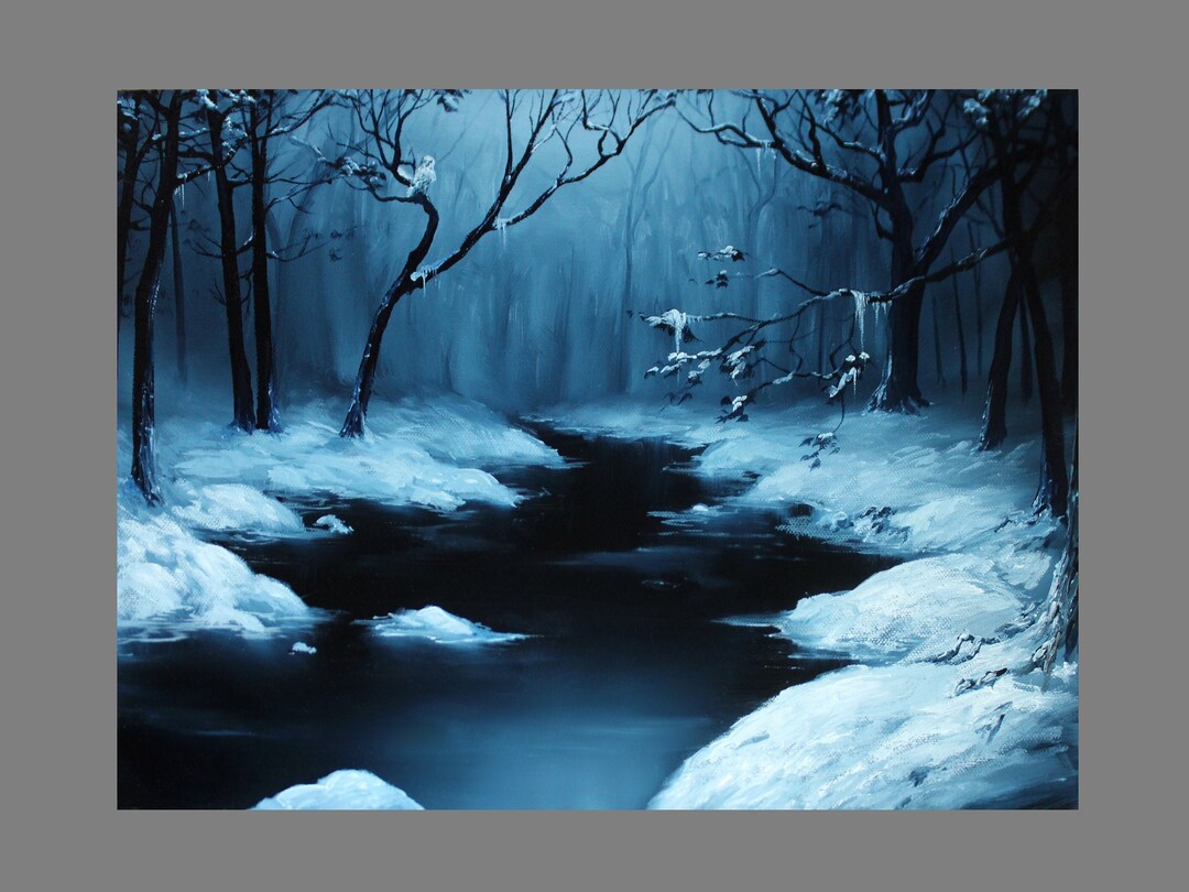 Art PRINT - Icy Snow Forest River Stream Blue Foggy Trees Woods Snowy ...