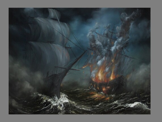 Art PRINT Ship Battle Fire Smoke Cloudy Dark Ocean Seascape | Etsy
