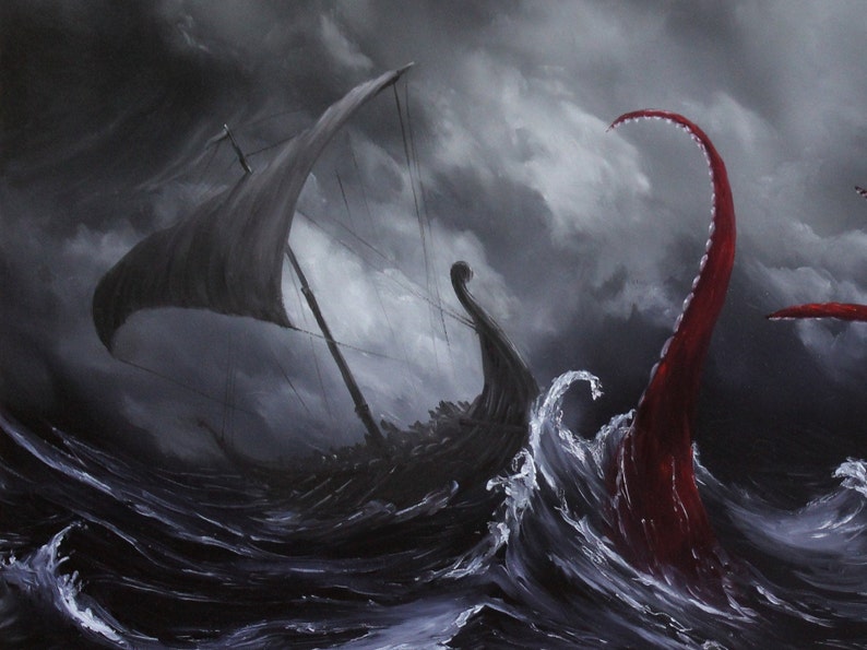 Art PRINT - Viking Longboat Ship Lovecraftian Monster Horror Fantasy ...