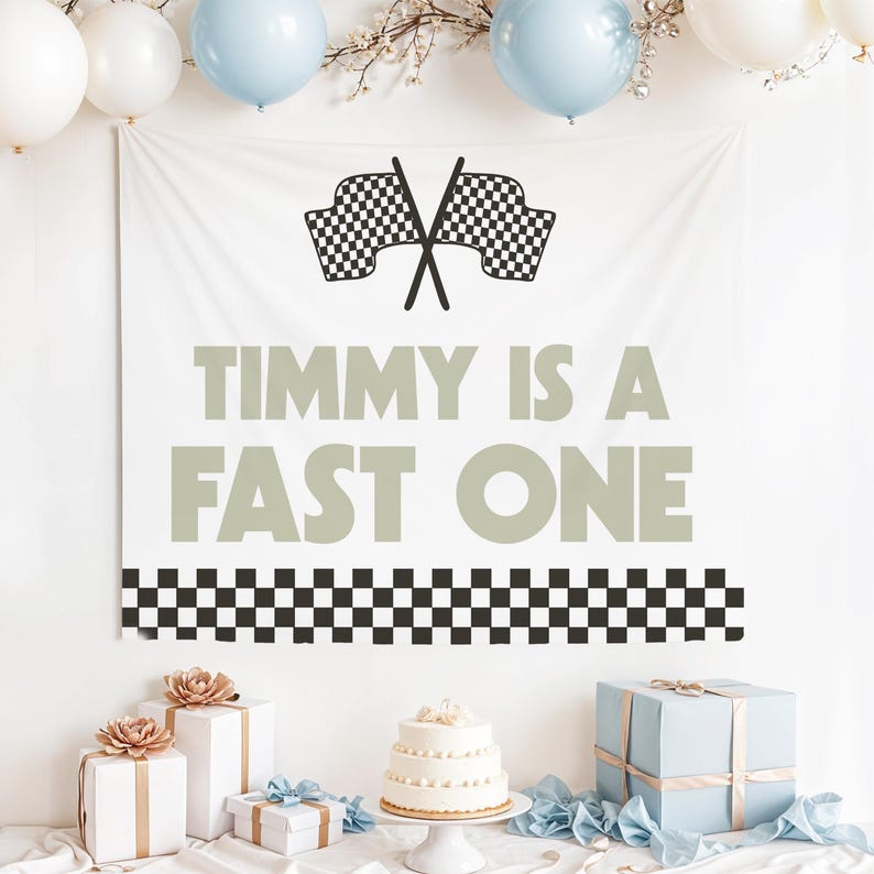 Fast One Birthday Banner: Personalized Checkered Flag Cars 1st Birthday ...