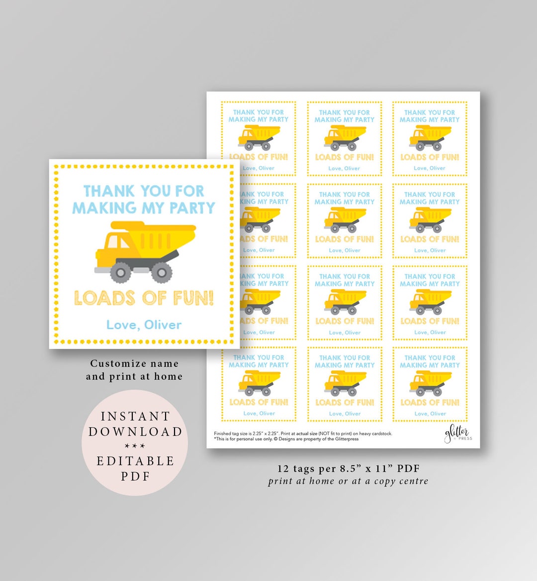 Dump Truck Favor Tags Loads of Fun Construction Themed - Etsy