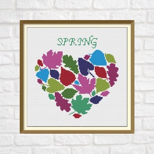 Spring Heart Leaves Modern Cross Stitch Pattern PDF Chart Colorful ...