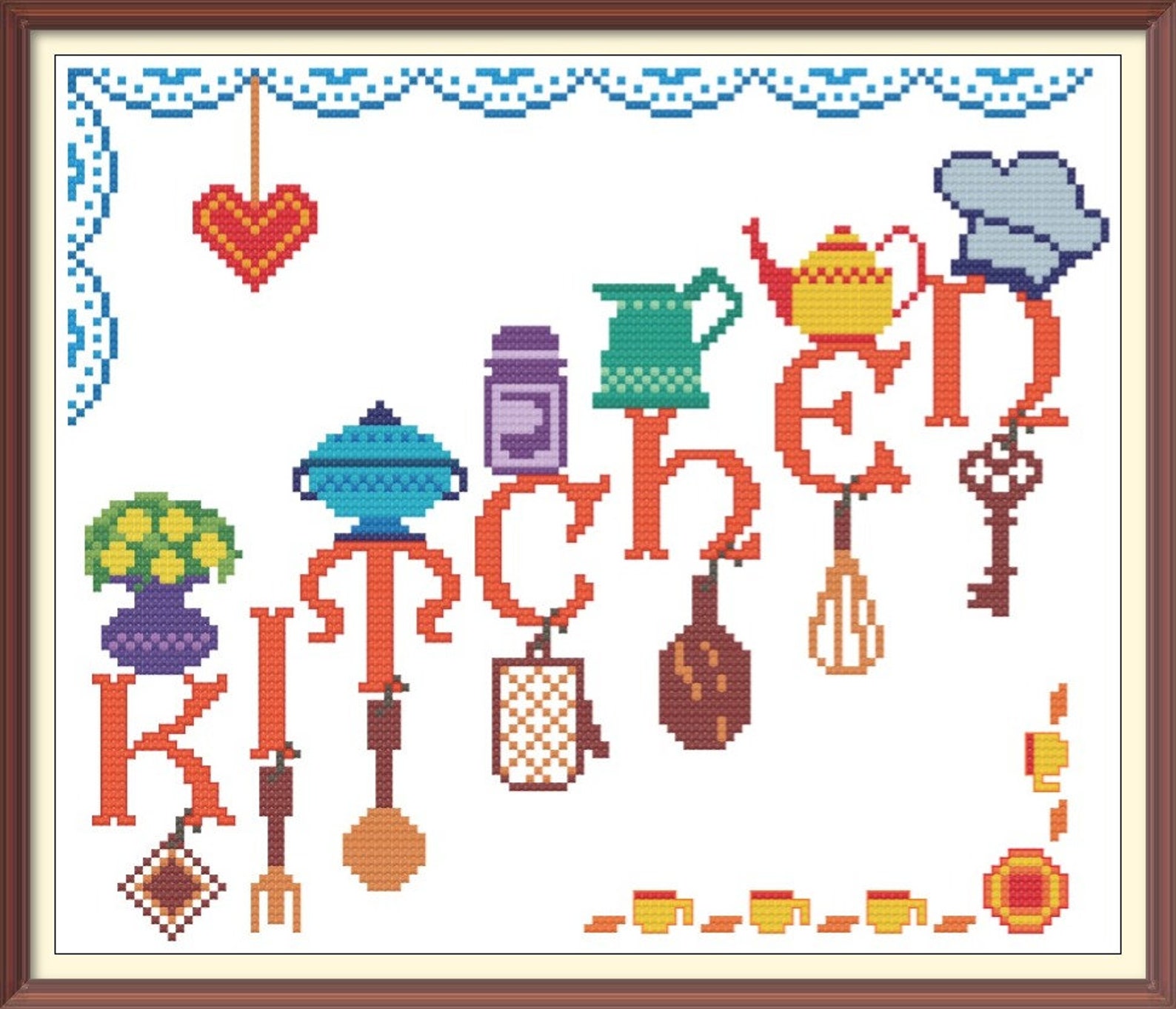 Kitchen Modern Cross Stitch Pattern PDF Chart Colorful Kitchenware Font ...