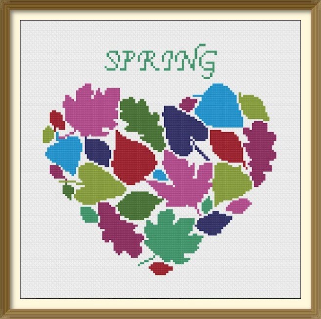 Spring Heart Leaves Modern Cross Stitch Pattern PDF Chart - Etsy