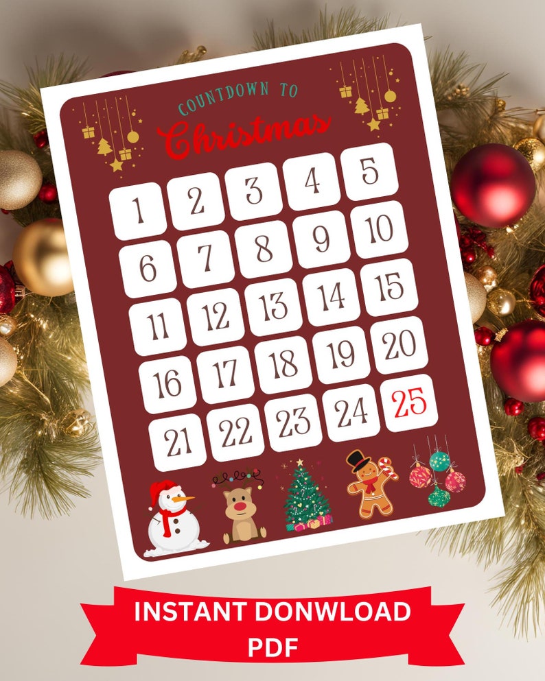 Printable Christmas Countdown, 25 Days of Christmas Countdown Activity ...