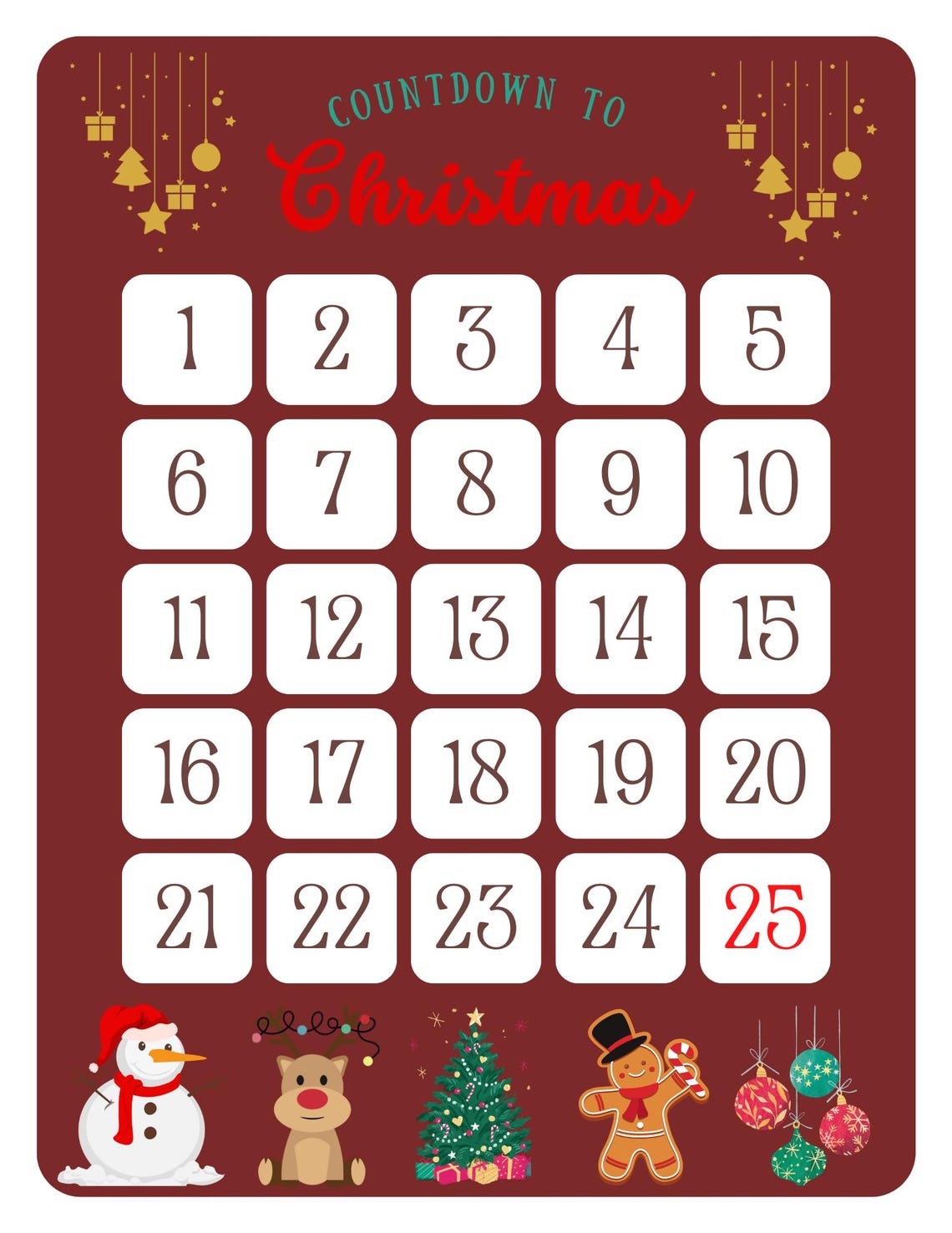 Printable Christmas Countdown, 25 Days of Christmas Countdown Activity ...