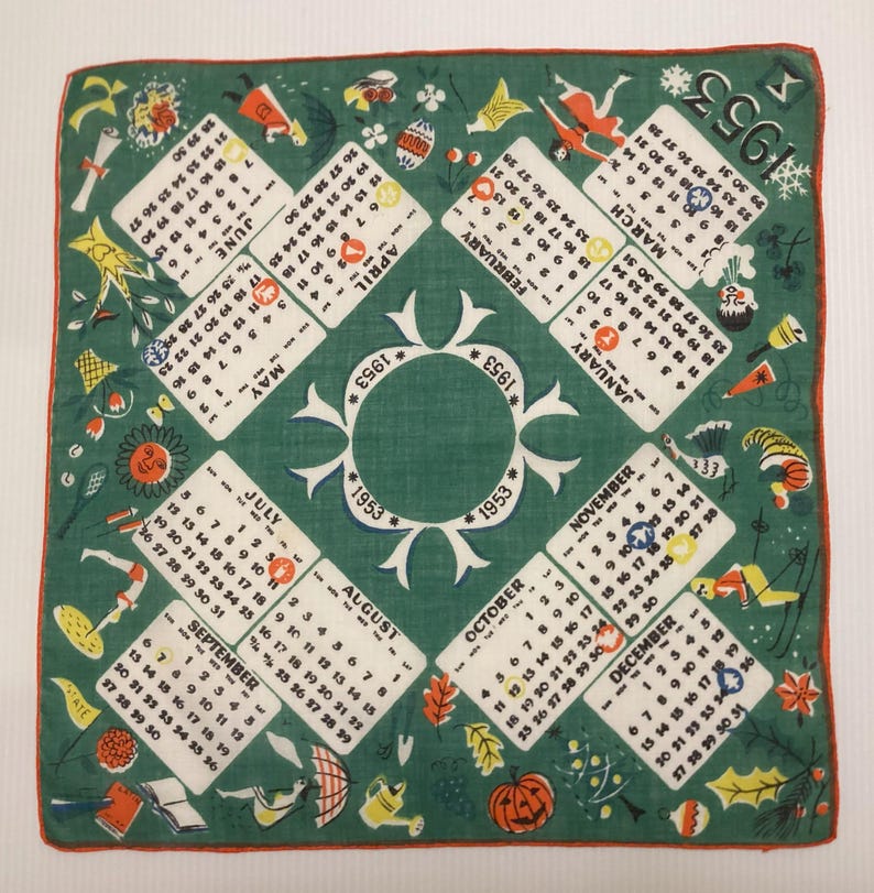 Vintage Unused Green 1953 Calendar Hankie - Etsy