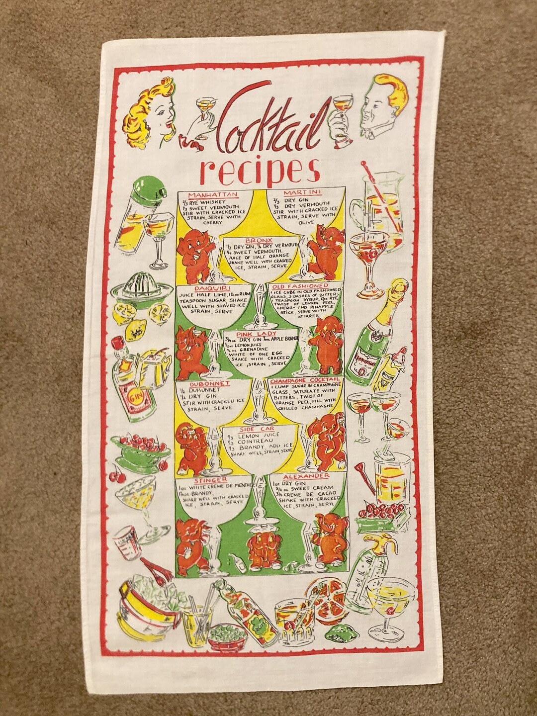 Vintage Cocktail Recipe Red Elephant Tea Towel - Etsy