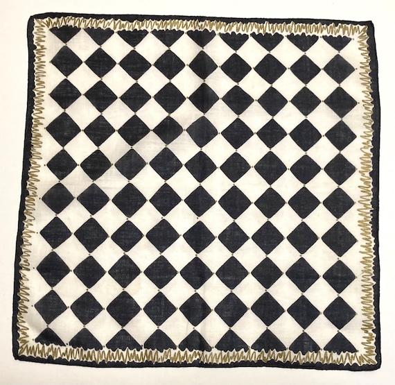 Vintage Black & White Checkered Design Hankie - Gem