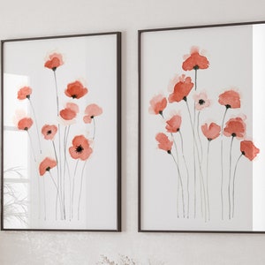 Pastel Red Poppy, Watercolor Artwork, Set of 2 Delicate Flower Art ...