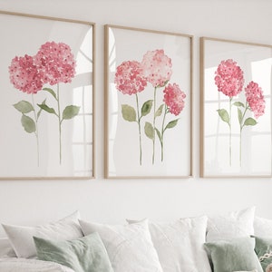 Hydrangea Wall Art, Pink Home Decor, Abstract Floral Poster, Set of 3 ...
