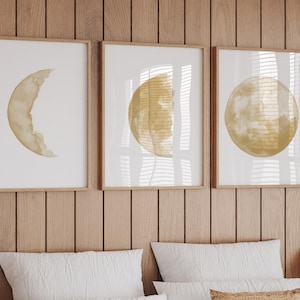 Moon Painting, Golden Yellow Full Moon Set of 3 Bedroom Decor, Extra ...