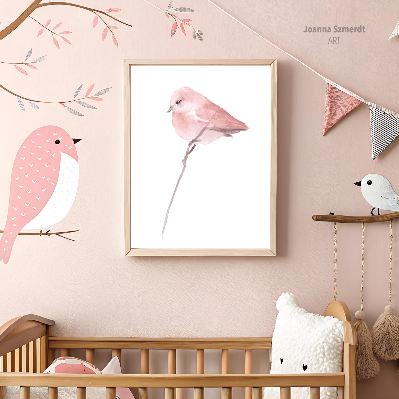 Blush Pink Finch Bird Watercolor Art Print | Modern Nursery Wall Decor ...
