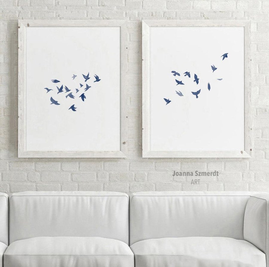 Flying Blue Birds Set of 2 Watercolor Prints | Peaceful Flock of Birds ...