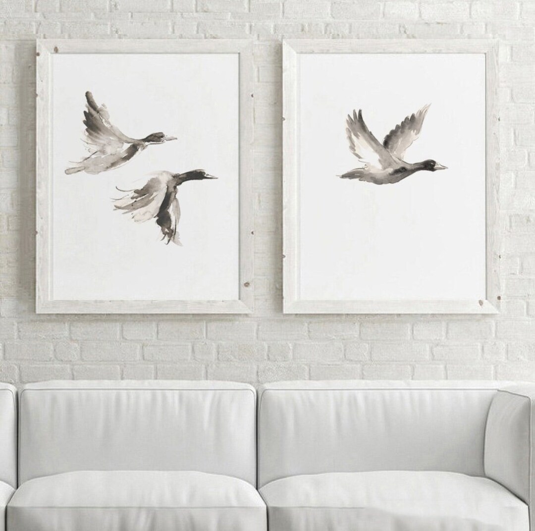 Ducks Flying, Lake Bird Modern Artwork, Minimalist Painting, Living ...