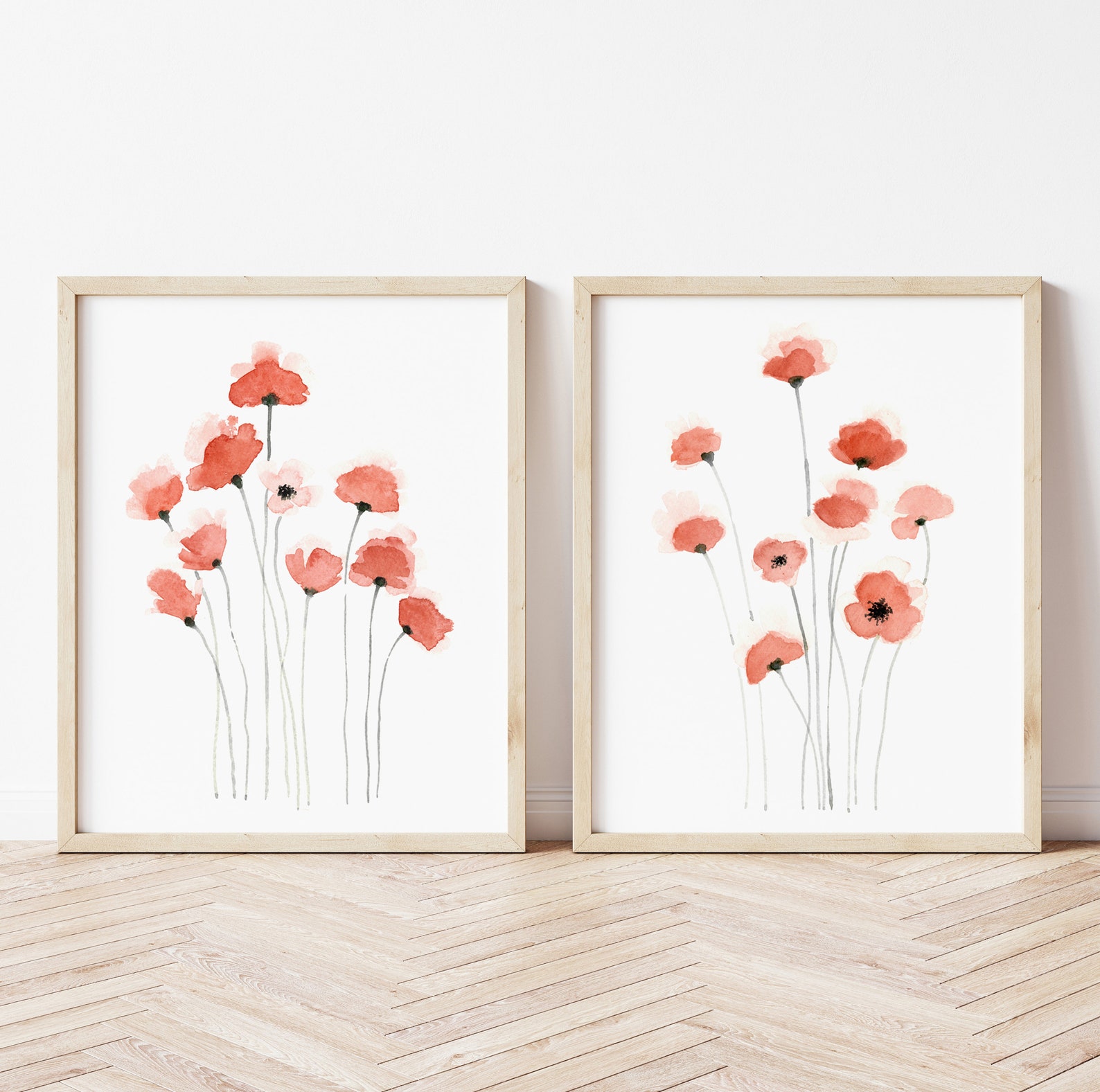 Pastel Red Poppy, Watercolor Artwork, Set of 2 Delicate Flower Art ...