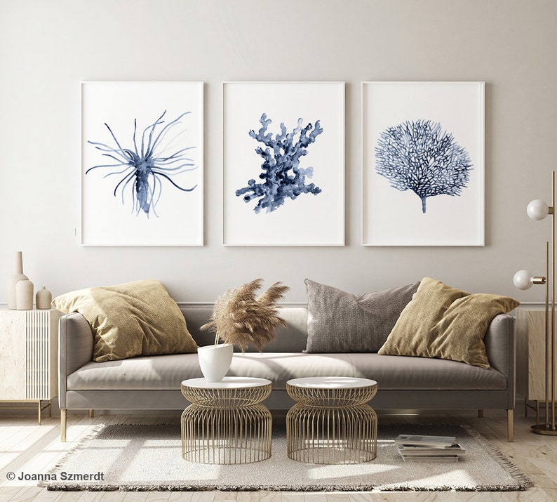 Print Coral Seaweed Coral Wall Art Navy Blue Indigo Sea Fern - Etsy