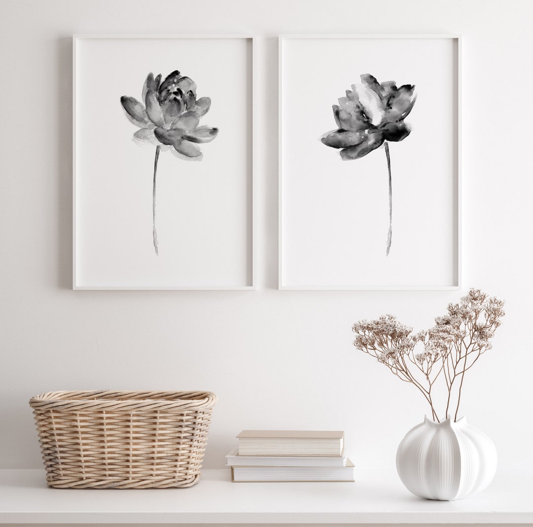 Lotus Print Wall Art Set of 2 Lotus Extra Large Grey Lotus - Etsy