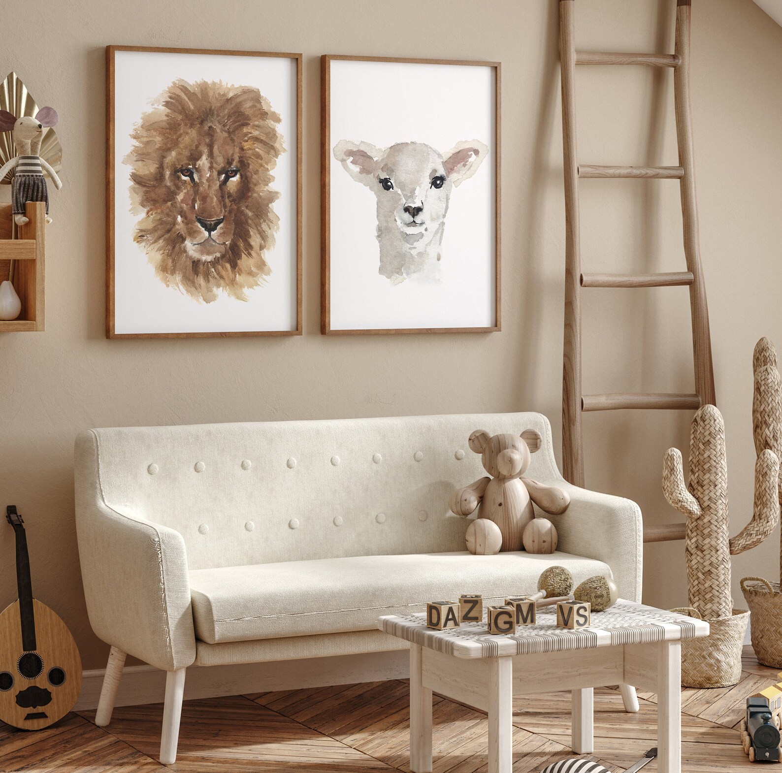 Set of 2 Lion and Lamb Art Print, Minimalist Wall Hanging, Nursery Wall ...