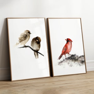 Minimalist Cardinal and Birds Painting, Set of 2 Sparrow Bird Prints ...