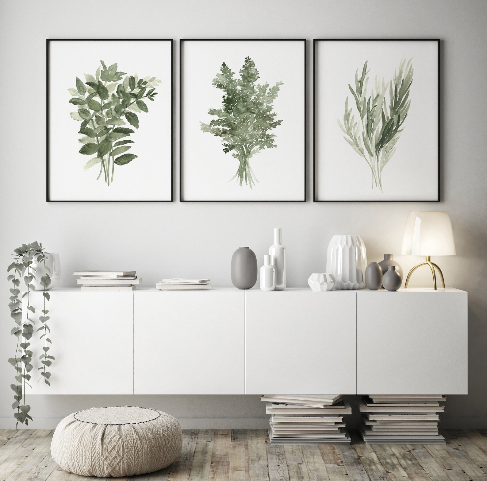 Minimalist Painting Green Wall Decor, Extra Large Herb Artwork, Set 3 ...