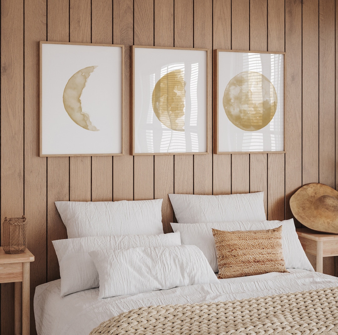 Moon Painting, Golden Yellow Full Moon Set of 3 Bedroom Decor, Extra ...