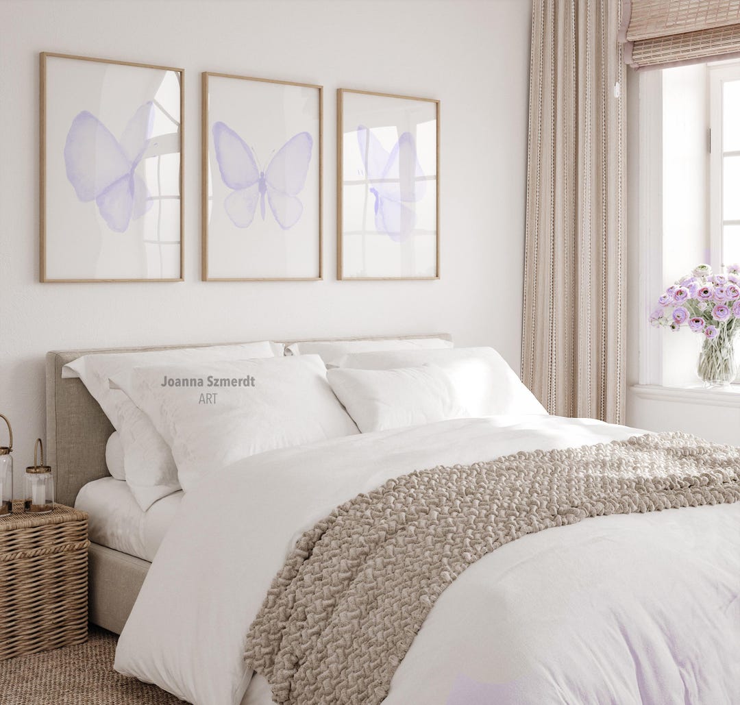 Purple Butterfly Wall Art Set of 3, Pastel Violet Watercolor Prints ...