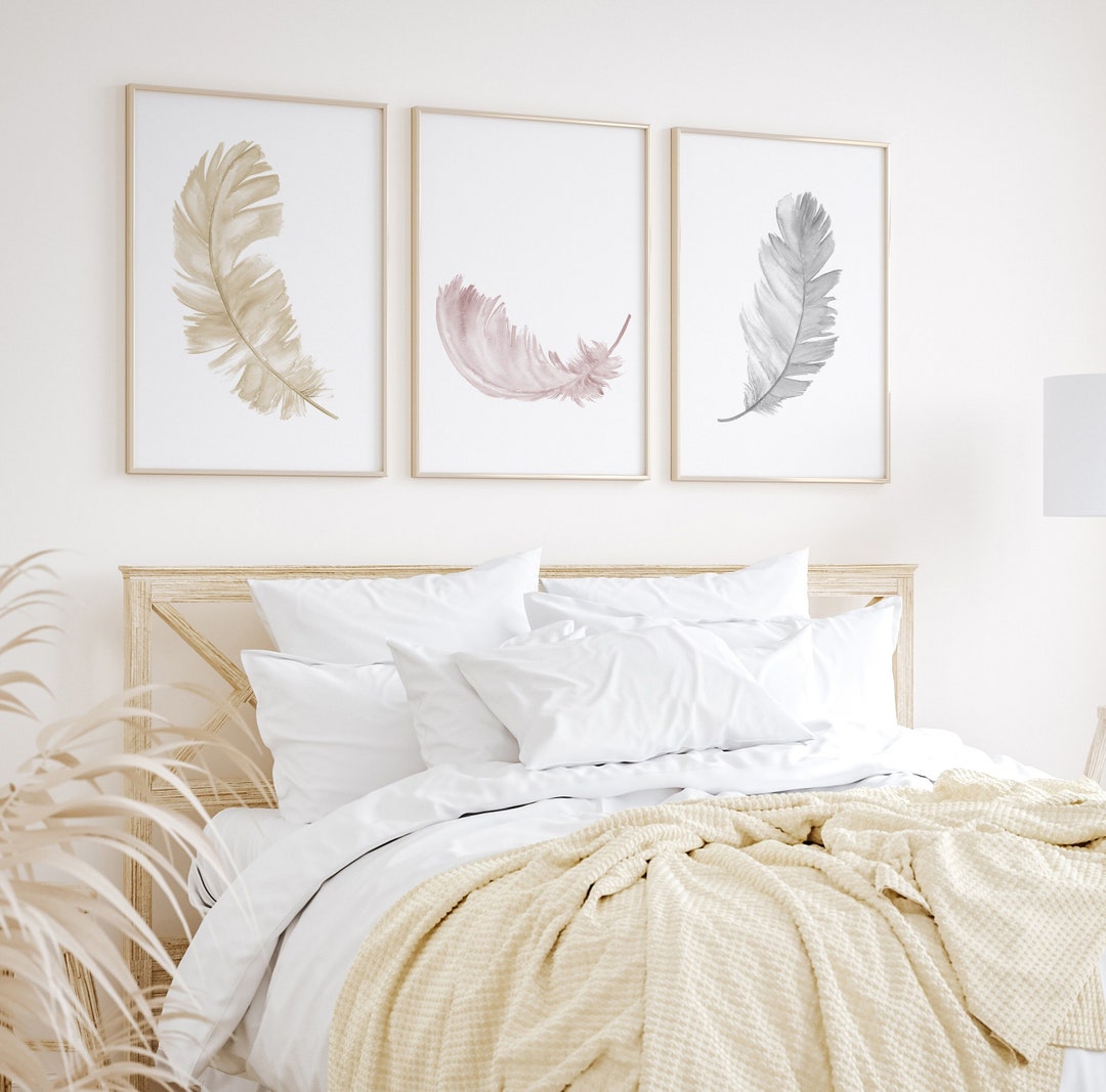 Feather Wall Art, Abstract Minimalist Feather Art Print, Set of 3 ...