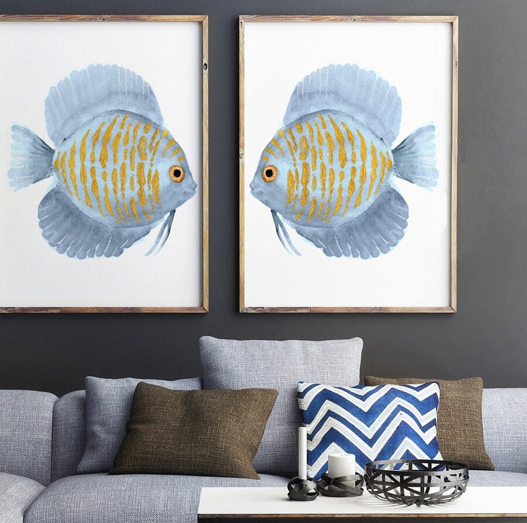 Golden Exotic Fish Wall Art, Discus Fish Prints, Blue and Beige Set of ...