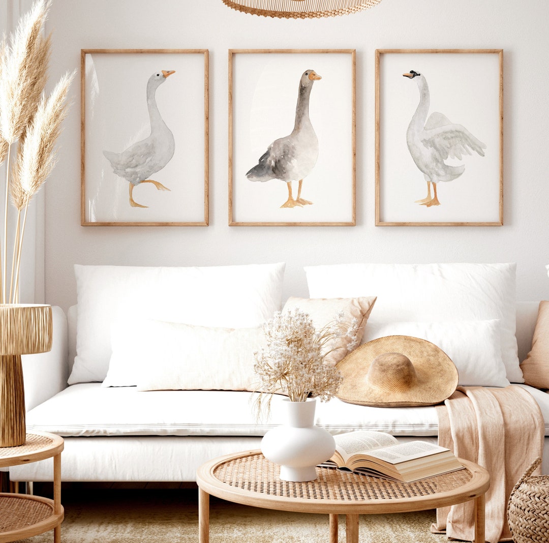 Goose Print Set of 3, Cottage Chic Art Print, Taupe White Goose, Nature ...
