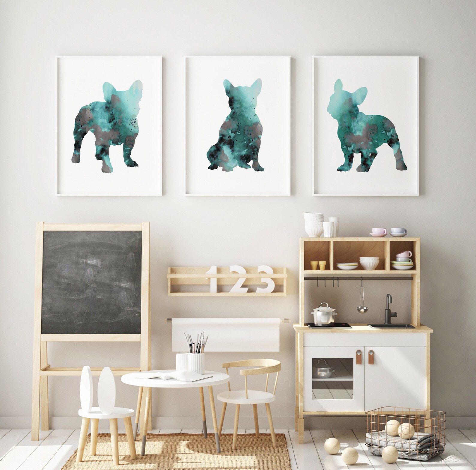 Set of 3 French Bulldog Prints Teal Wall Decor Frenchie Poster - Etsy